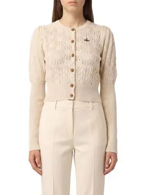 VIVIENNE WESTWOOD Slim Fit Cotton Cardigan With Embroidered Orb Logo And Ruched Shoulders - Beige