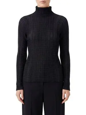 Issey Miyake Pleated Long Sleeve Slim Fit Polo Neck Top - Black