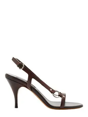 Miu Miu Leather Stiletto Sandals With Silver Tone Detailing - Brown