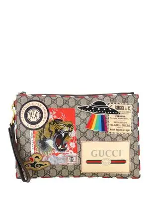 Gucci Gg Coated Canvas Applique Pouch Clutch Bag - Brown