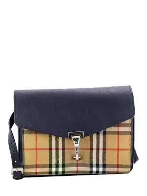 Burberry Macken Small Crossbody Bag In Leather And Vintage Check Canvas - Blue