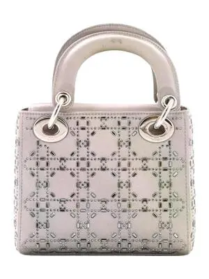 Dior Lady Dior Bag Crystal Embellished Cannage Quilt Satin Mini Satchel Grey
