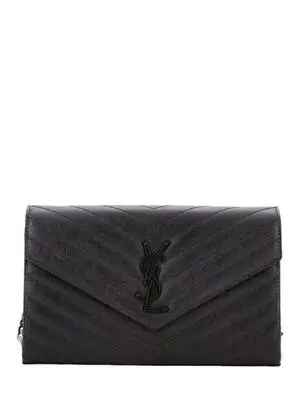 Saint Laurent Classic Monogram Wallet On Chain Matelasse Chevron Leather Medium Crossbody Bag - Black