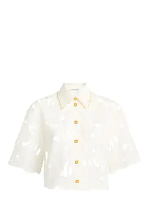 Zimmermann Mahon Cropped Cotton Shirt With Botanical Cut-outs And Floral Buttons - Ivory