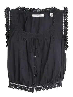 DÔEN Organic Cotton Traveler Blouse With Scalloped Edges And Ribbon Tie - Black