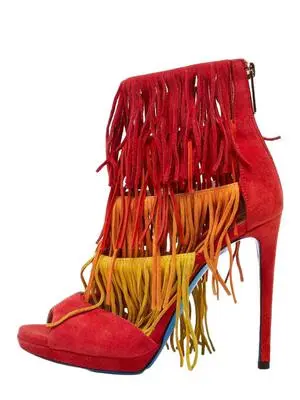 LORIBLU Suede Fringe Cut-out Stiletto Sandals - Red