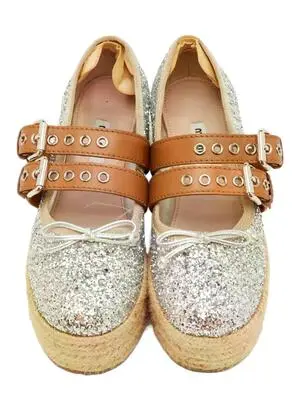 Miu Miu Glitter Embellished Platform Espadrille Ballet Flats - Silver