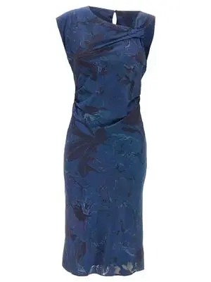 KAOS Icona Floral-jacquard Asymmetric Neck Midi Dress - Blue