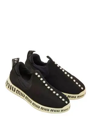 Miu Miu Crystal-embellished Stretch-knit Slip-on Sneakers - Black