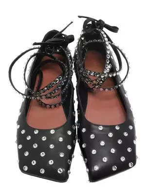 Amina Muaddi Embellished Ballet Flats With Ankle Wrap - Black