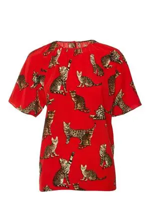 Dolce & Gabbana Silk Cat Print Blouse - Red