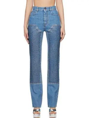 AREA Crystal Embellished Straight Leg Jeans - Blue