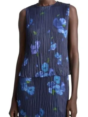 Vince Pleated Floral Sleeveless Top - Blue