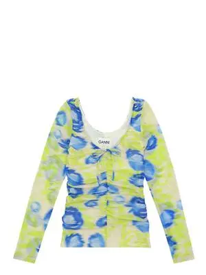 GANNI Mesh Ruched Floral Long Sleeve Top - Multicolor