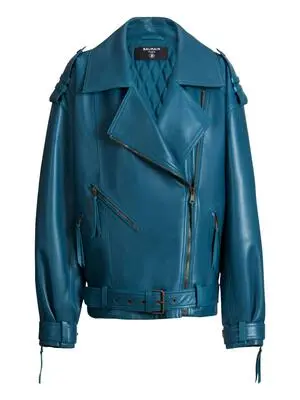 Balmain Lambskin Leather Biker Jacket - Blue