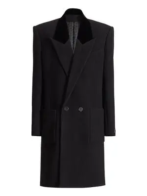 Balmain Long Wool And Velvet Trimmed Coat - Black