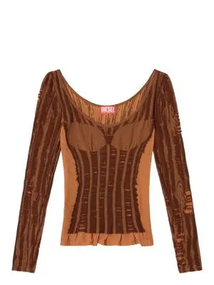 DIESEL® Long Sleeve Knit Top With Pleated Hem - Brown