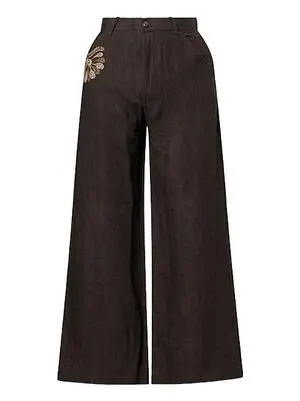 KARTIK RESEARCH Embroidered Wide-leg Linen Trousers - Dark Brown