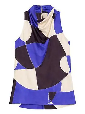 RO&ZO Cowl Neck Abstract Print Sleeveless Woven Top - Blue