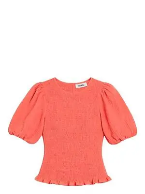 RO&ZO Cheesecloth Puff-sleeve Shirred Cotton Top - Coral
