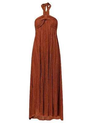Zimmermann Indra Halterneck Metallic Knit Maxi Dress - Metallic Tan