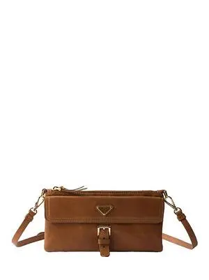 Prada Logo Plaque Leather Shoulder Bag - Brown