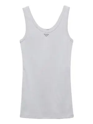 Prada Logo Plaque Ribbed Cotton Tank Top - Grey