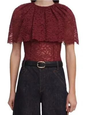 SELF-PORTRAIT Ruffled Lace Top - Wine Red