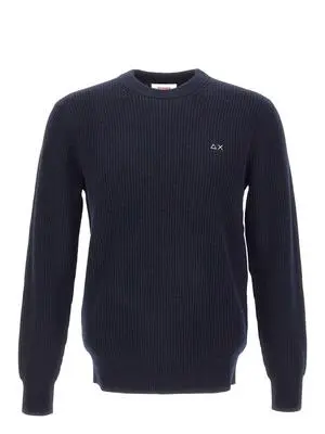 SUN 68 Ribbed Crew Neck Knitted Sweater With Embroidered Logo - Black