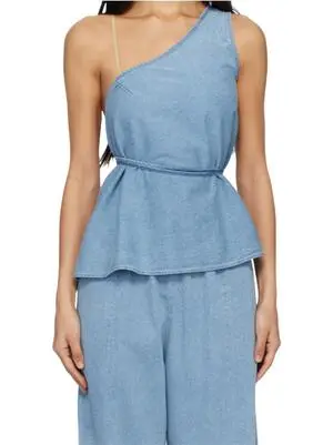 BASERANGE One-shoulder Wrap Top With Waist Tie - Blue