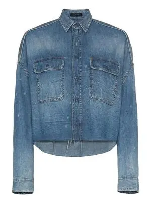 R13 Distressed Cropped Denim Shirt - Blue