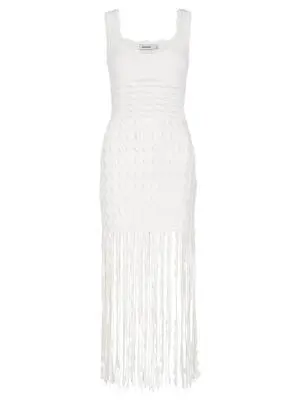Simkhai Brionne Scalloped Knit Midi Dress With Fringe - Ivory