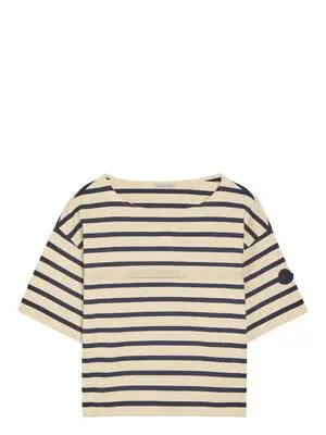 Moncler Striped Cotton T-shirt With Lace Insert - Beige