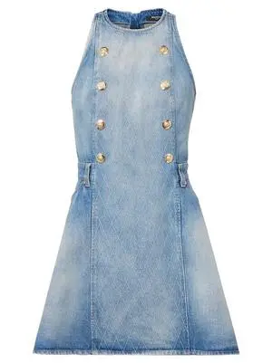Balmain Denim Mini Dress With Gold Hardware - Blue