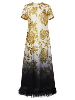 La DoubleJ Swing Feather-trimmed Floral Silk Twill Maxi Dress - Multicoloured