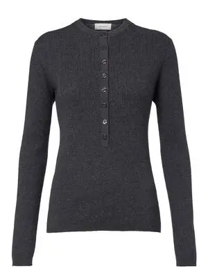LISA YANG Airi Ribbed-knit Cotton And Cashmere Henley Shirt In Salt - Grey