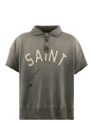 SAINT MXXXXXX Short Sleeve Half Zip "saint" Appliqué Top - Grey
