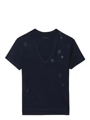 Zadig&Voltaire Marta Rhinestone Embellished V-neck T-shirt - Encre