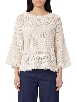 Max Mara Cotton Openwork Knit Jumper With Fringed Hem - Ecru