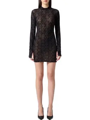 Philipp Plein Tulle Monogram Logo Pencil Mini Dress - Black