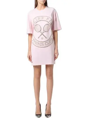 Philipp Plein Tennis Club Rhinestone Logo Cotton Sheath Mini Dress - Fuchsia
