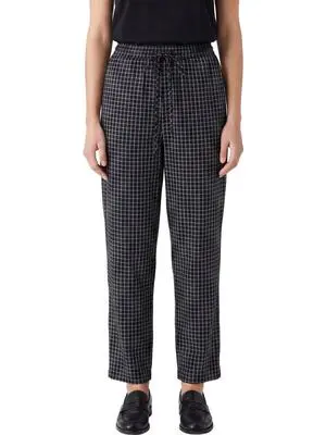 DUNST Straight Leg Check Cotton Blend Trousers With Elasticated Waist And Drawstring - Black