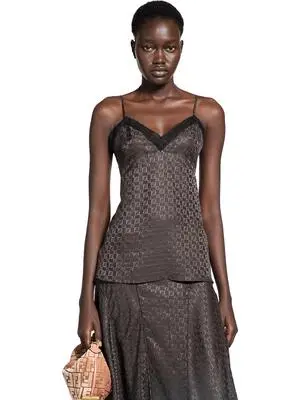 Fendi Ff Silk Jacquard Slip Top With Lace Trim - Brown
