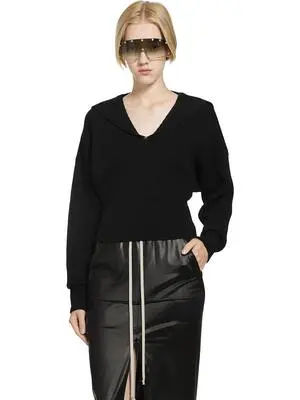 Rick Owens Temple Dracula Cropped V In Heavy Fisherman Wool Knit - Black