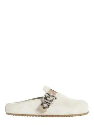Burberry Suede Urchin Clogs With Check Webbing Strap - Off-white