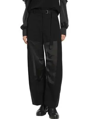 Sacai Wool Twill Wide-leg Pants With Spliced Sheer Panels - Black