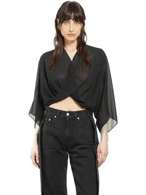 MAISON MARGIELA Draped V-neck Cropped Long Sleeve Top - Black