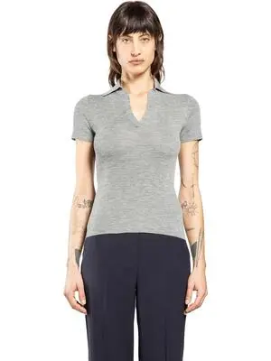 Max Mara Ribbed-knit V-neck Short-sleeve Polo - Grey