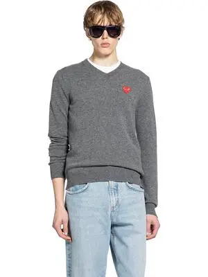 Play Comme Des Garcon Wool V-neck Sweater With Heart Embroidery - Grey