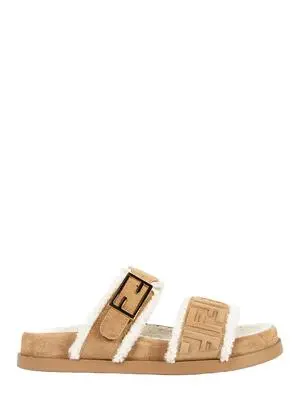 Fendi Suede And Shearling Slides - Brown